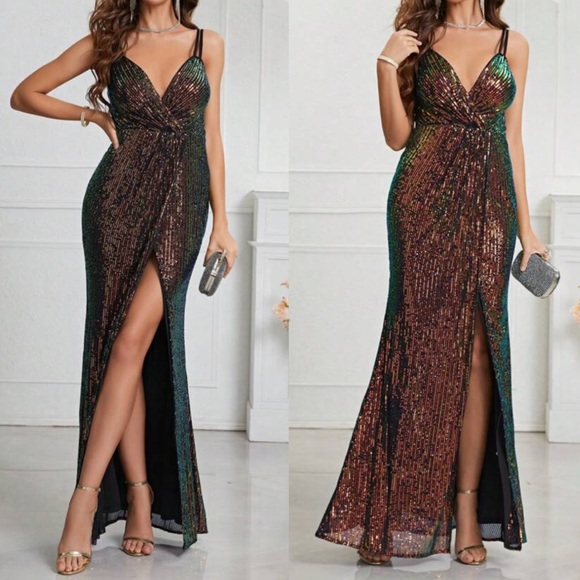 Dresses | Luxe Split Thigh Party Prom Wedding Sequins Gown Dress Bronze ...
